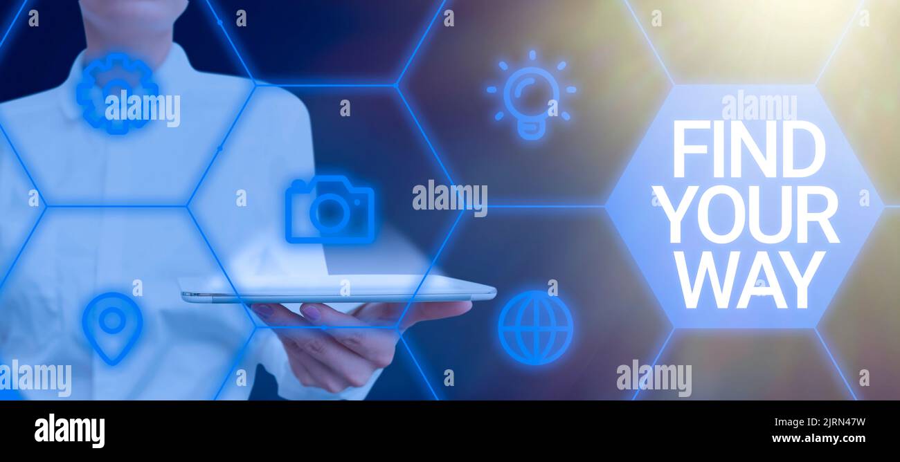 Hand writing sign Find Your Way. Word for Look for personal direction ...