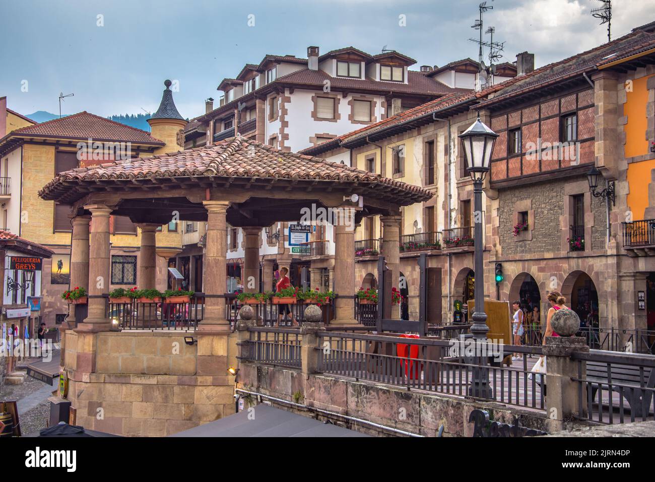 Medieval village of Potes with hanging houses and Deva river, Cantabria ...