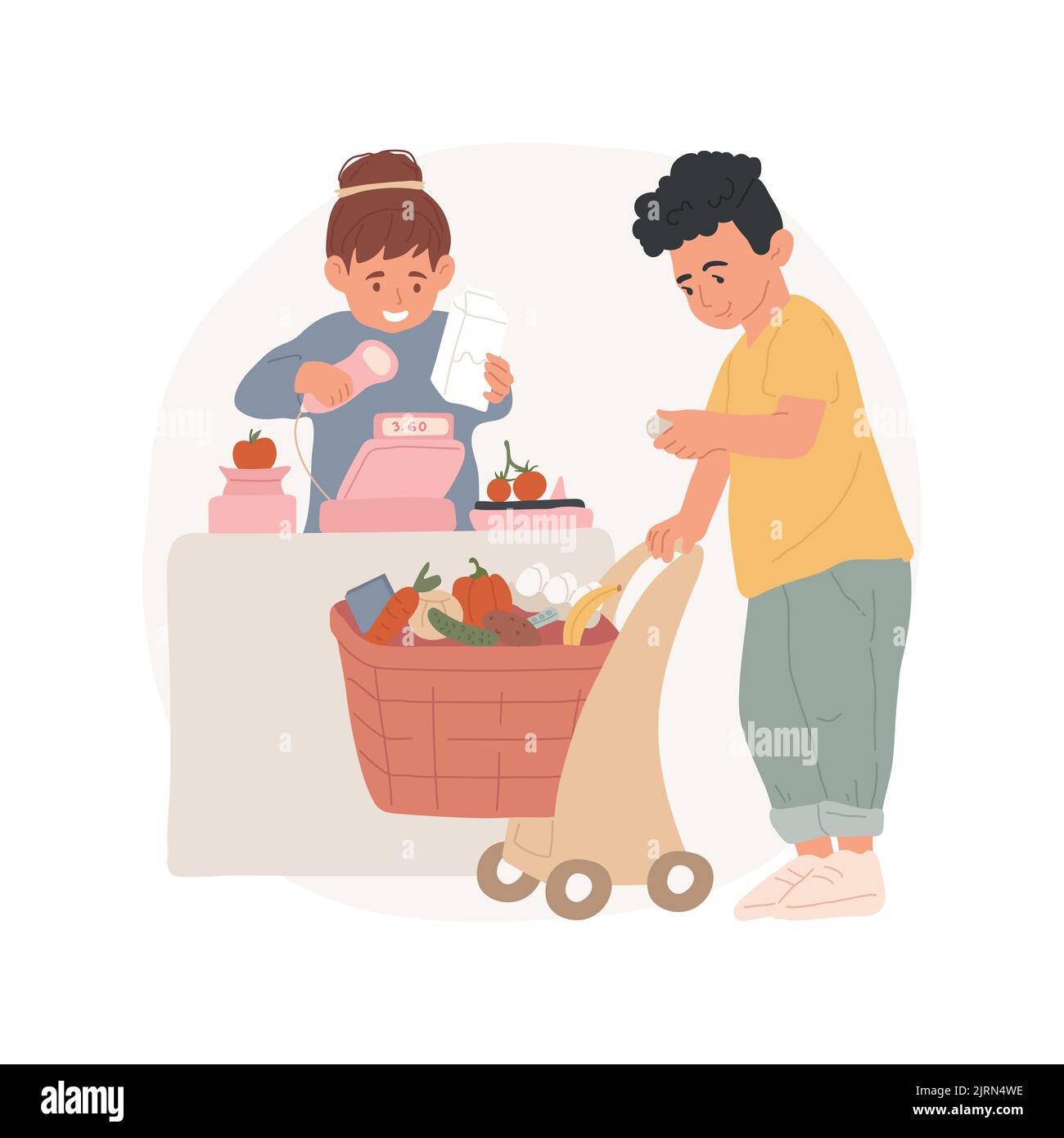Grocery store game isolated cartoon vector illustration. Child behind ...