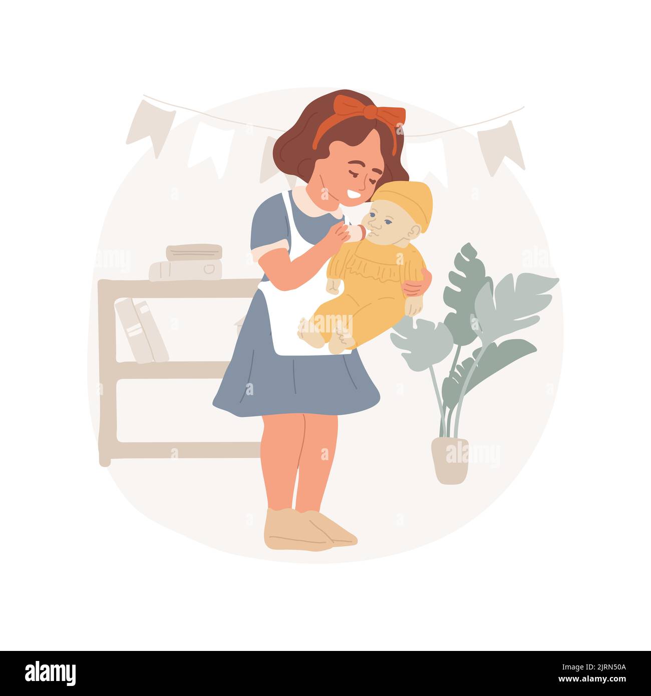Baby care game isolated cartoon vector illustration. Girl nursing baby ...