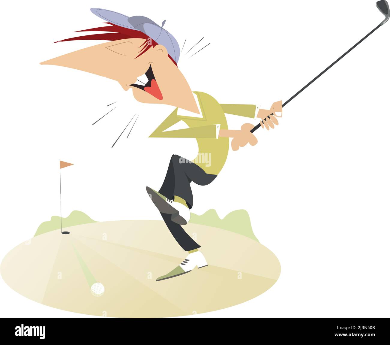 Comic golfer man on the golf course illustration. Smiling golfer man ...