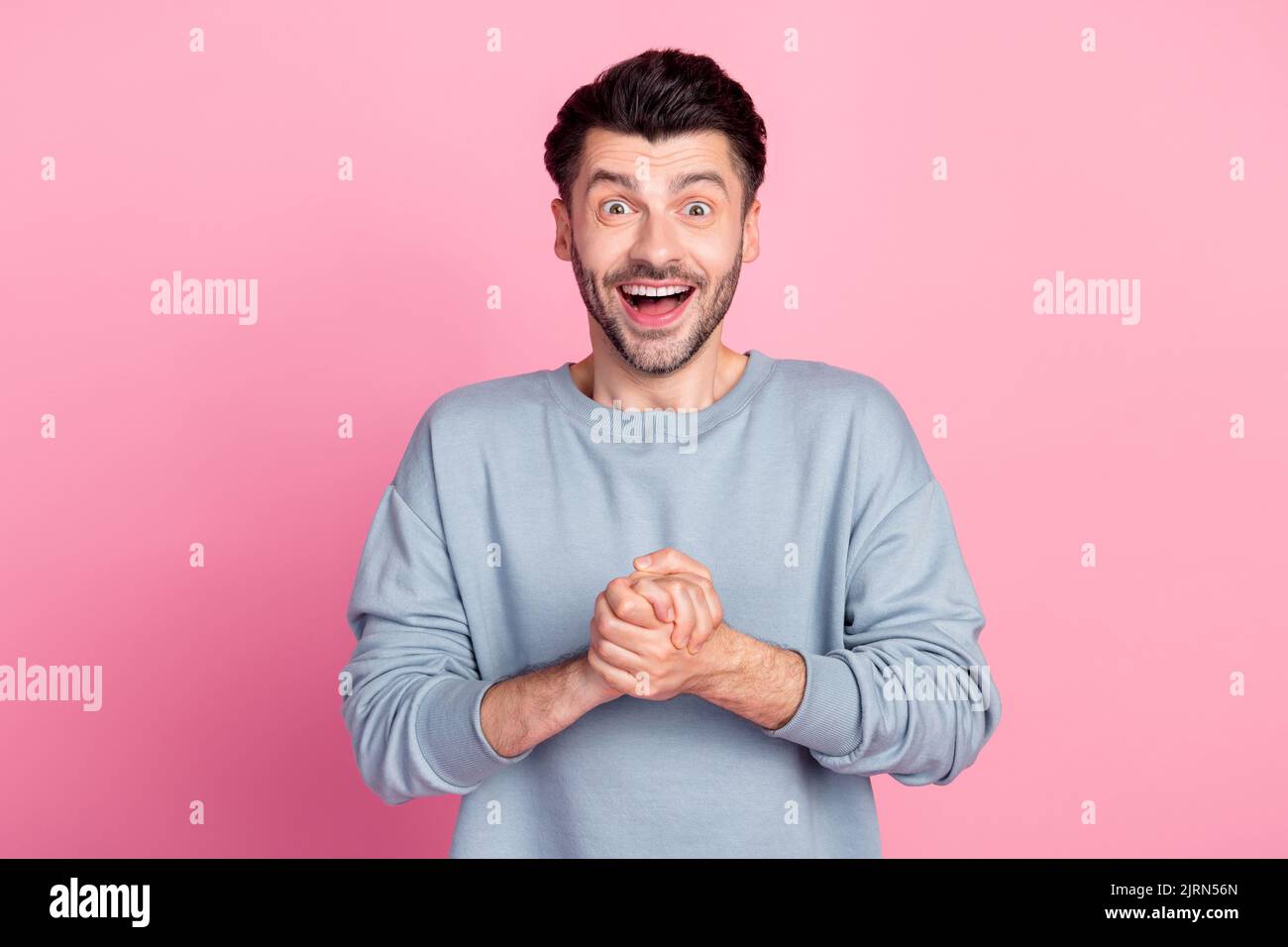 Photo of satisfied impressed man hold arms beaming smile cant believe ...