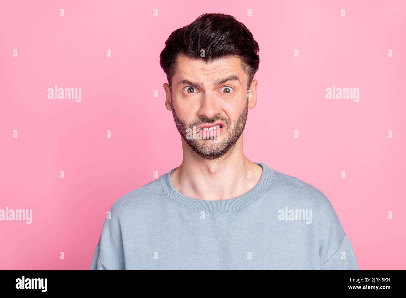 Photo of unsatisfied disgusted person make grimace look camera isolated ...