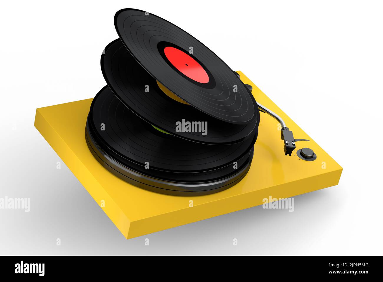Vinyl record player or DJ turntable with flying vinyl plate on white ...