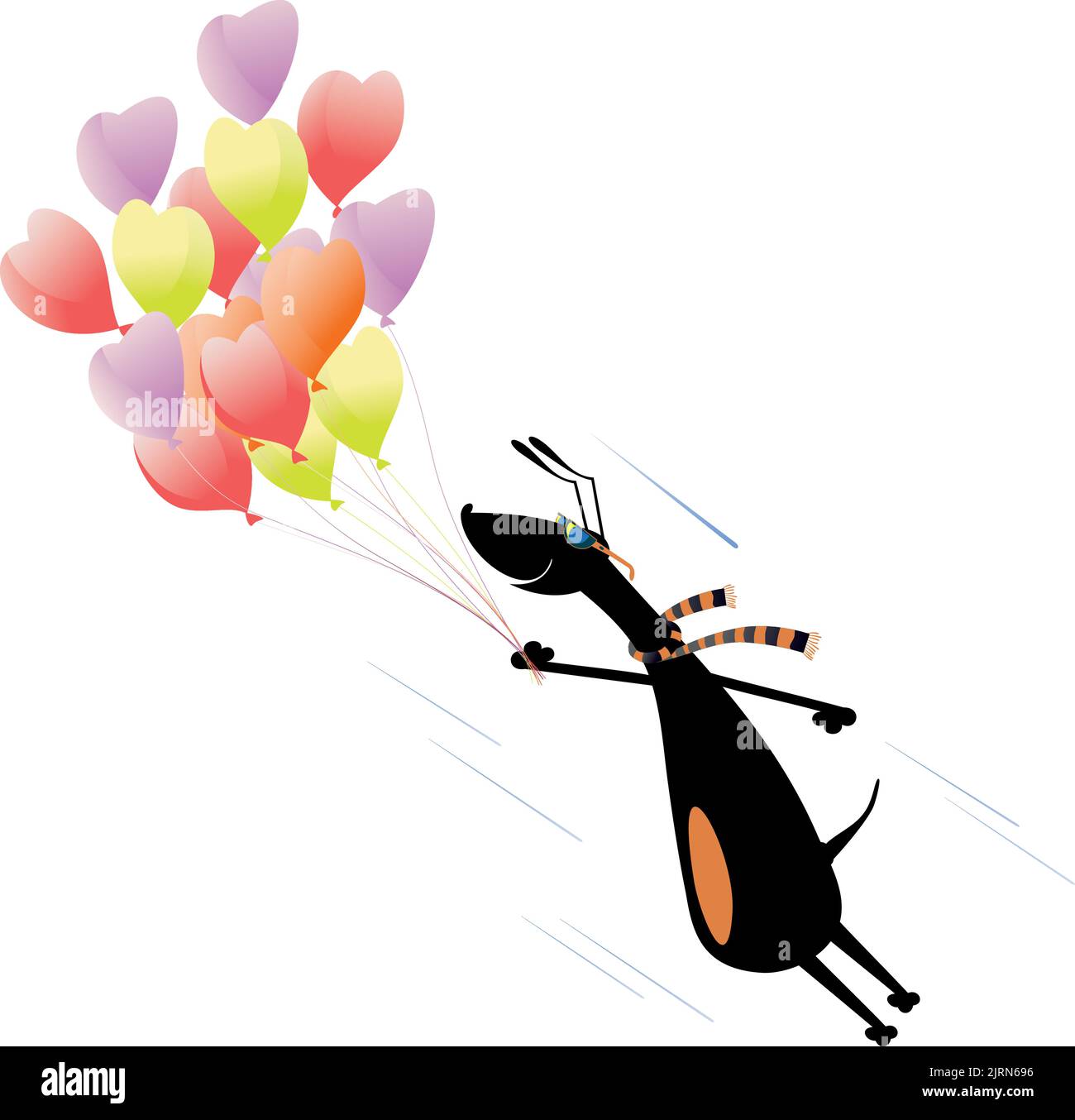 Funny dog flights on air balloons illustration. Cartoon smiling ...