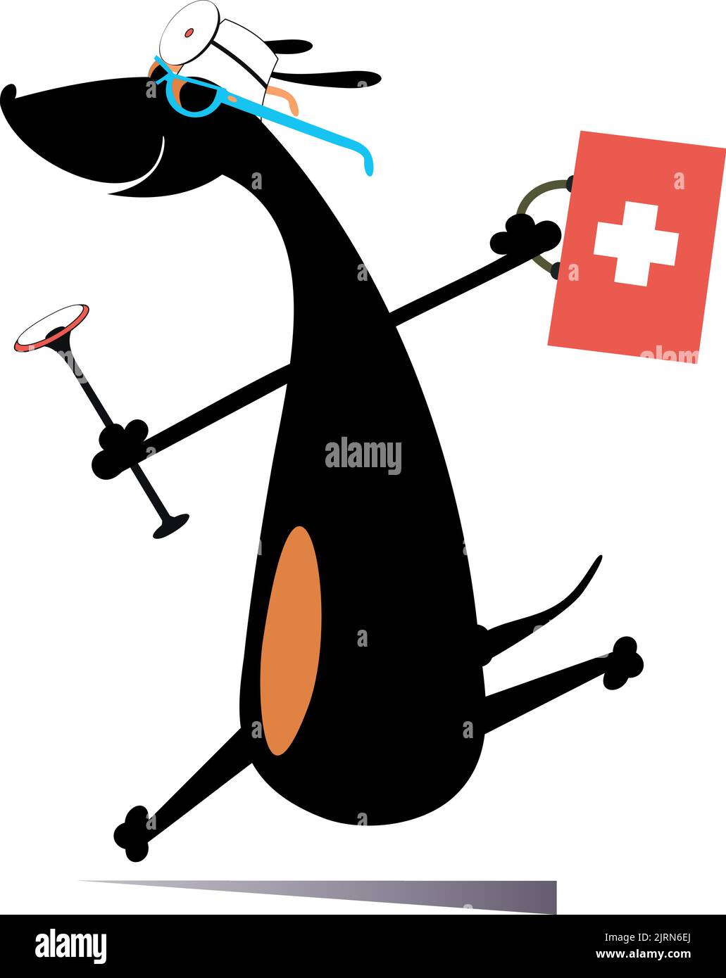 Smiling dog runs to render the medical aid illustration. Cartoon hurry ...