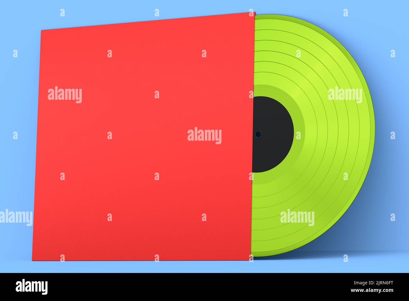 Black vinyl LP record with cover isolated on blue background. 3d render ...