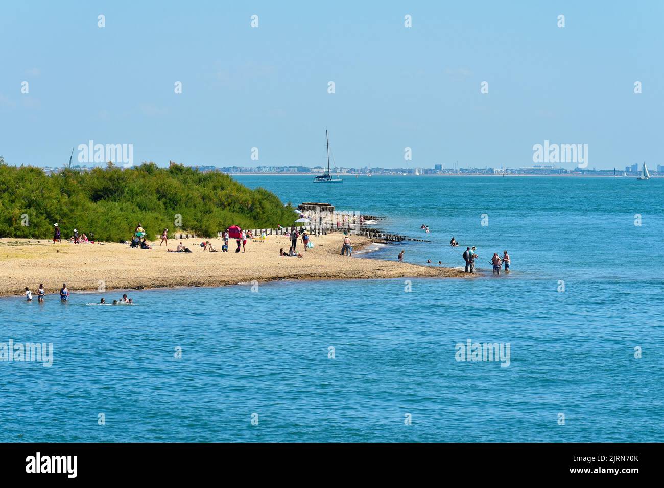 The beach at Lepe country park on a hot and sunny summers day Hampshire ...