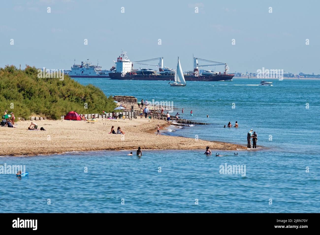 A large cargo ship carrying luxury cruisers sailing past Lepe beach on ...