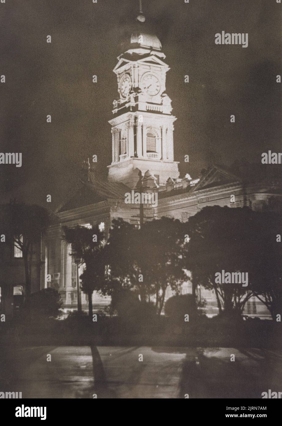 Town Hall at night, 1940s, Wellington, by J.W. Chapman-Taylor Stock ...