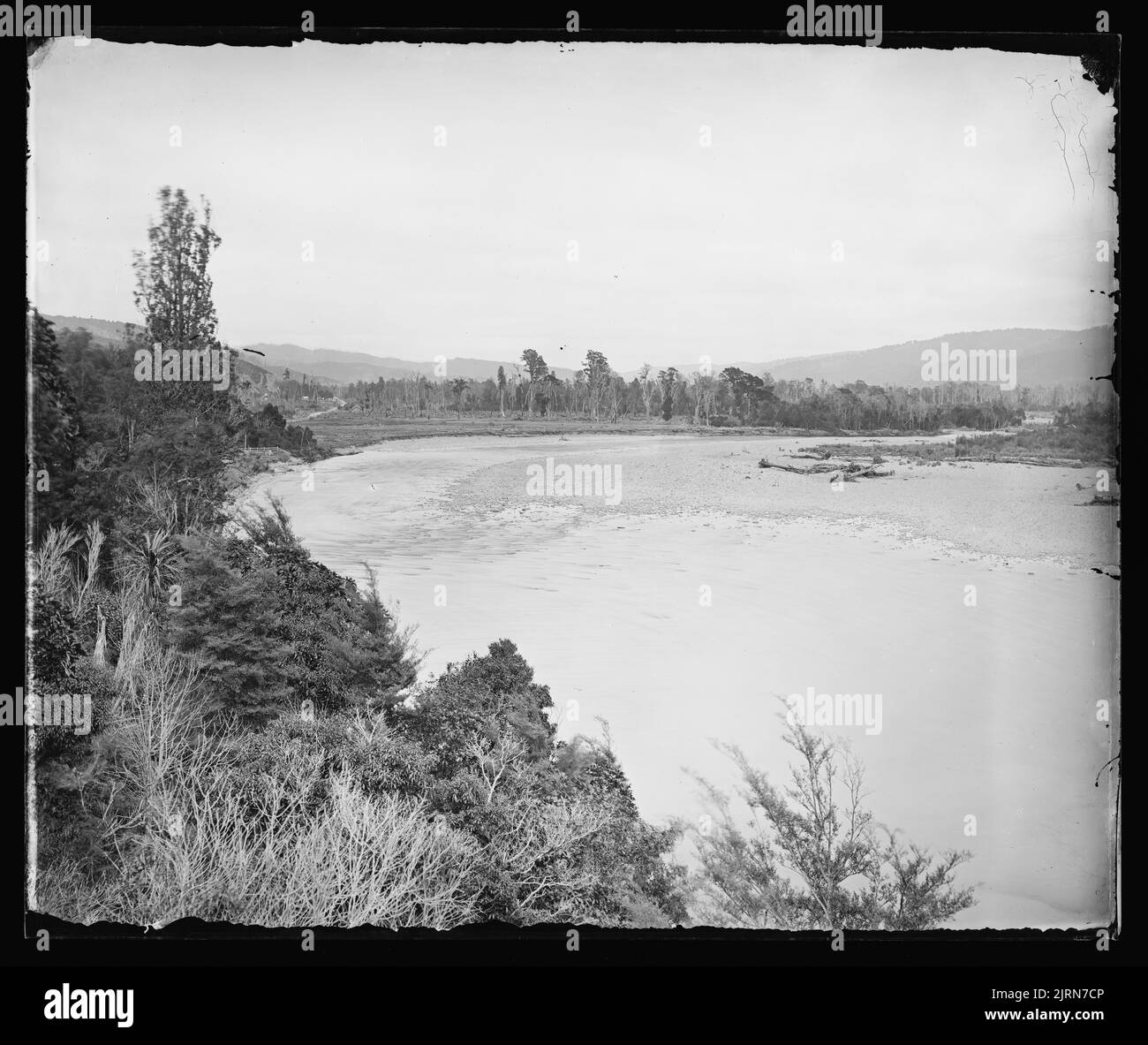 Upper Hutt River at the Fern Ground, looking down towards Wellington ...