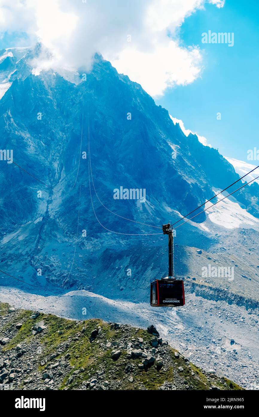 Chamonix, France - August 22, 2022: Cable car in Chamonix to take tourists to Aiguille Du Midi ...
