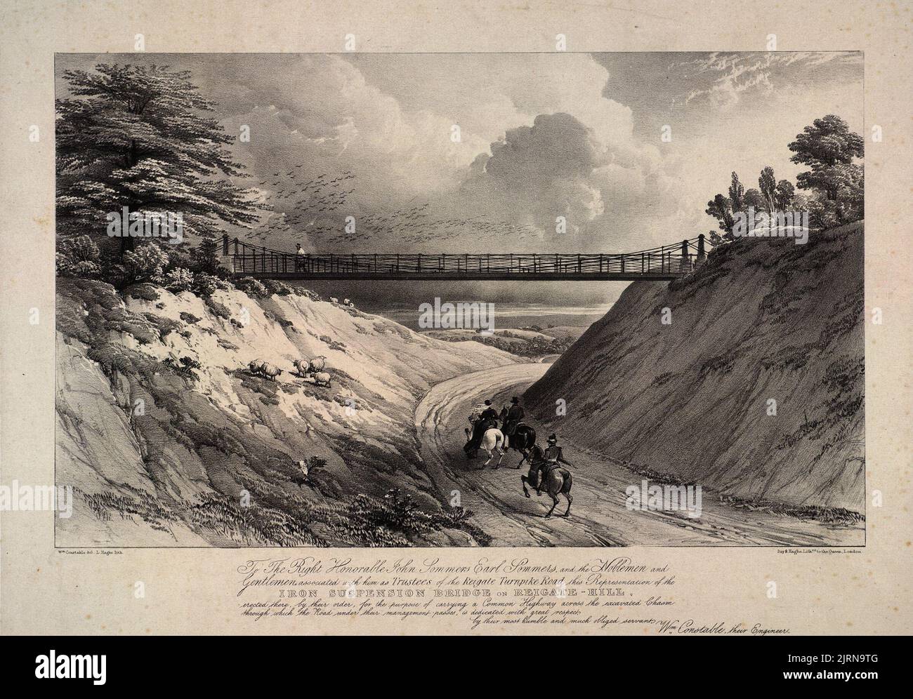 Iron suspension bridge on Reigate-Hill, circa 1825, England, by William ...
