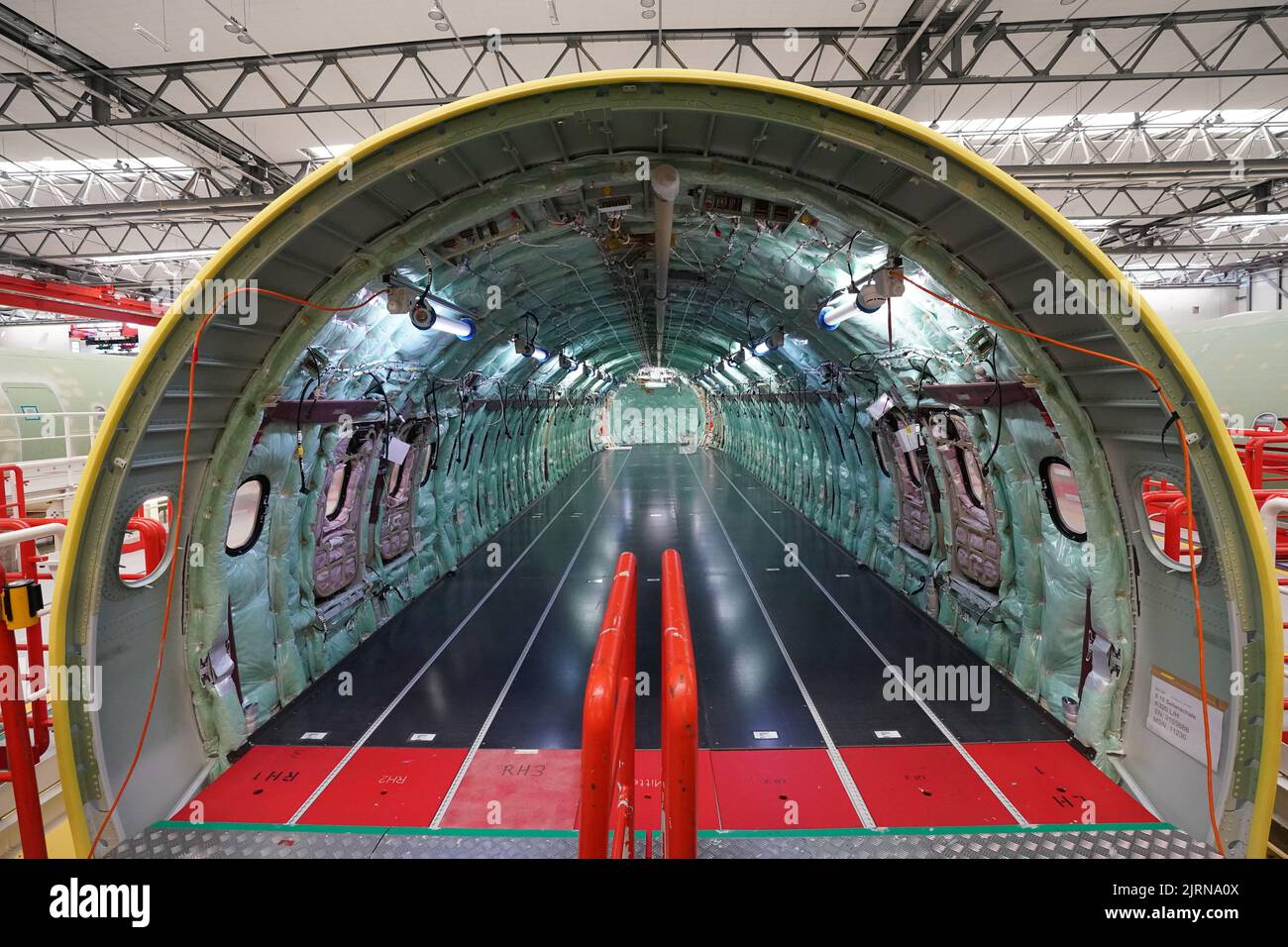 24 August 2022, Hamburg: A view of an A320 fuselage in Hall 260 on the ...