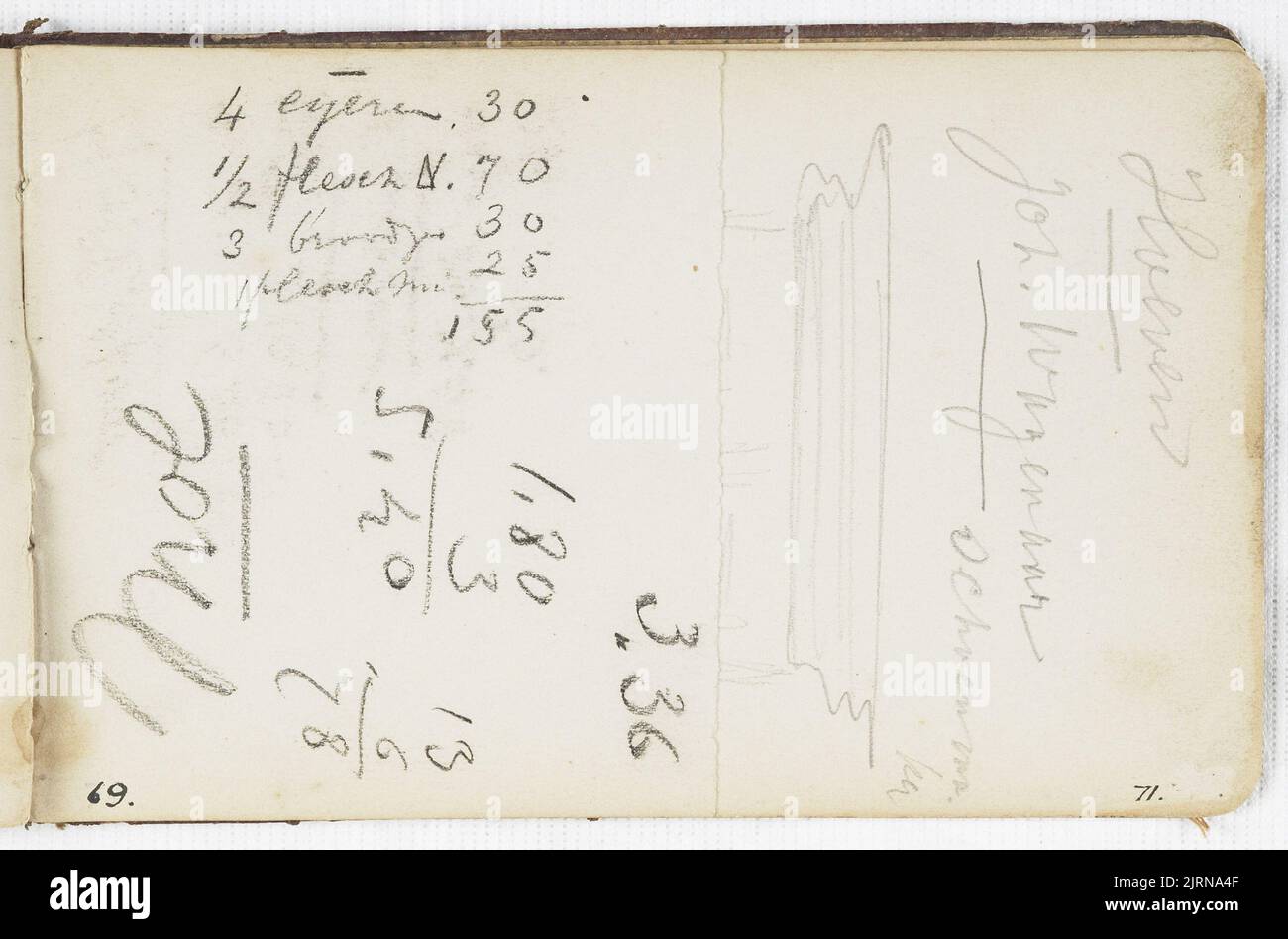 Written inscriptions and arithemtical figures. From: An 1876 sketchbook ...