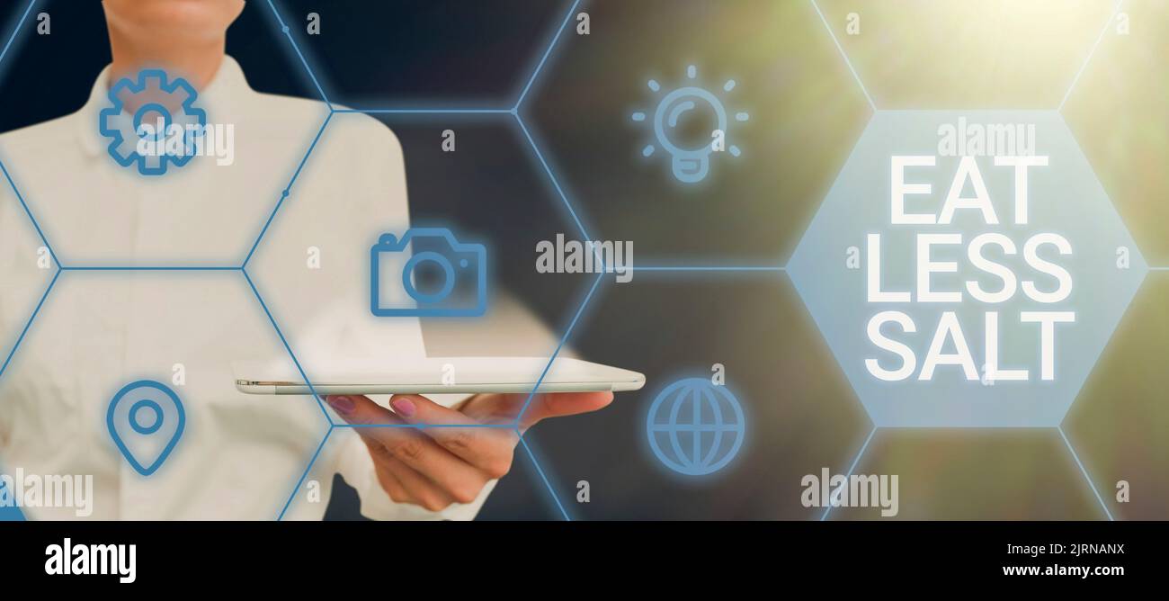 Text sign showing Eat Less Salt. Business concept Reduce the amount of ...