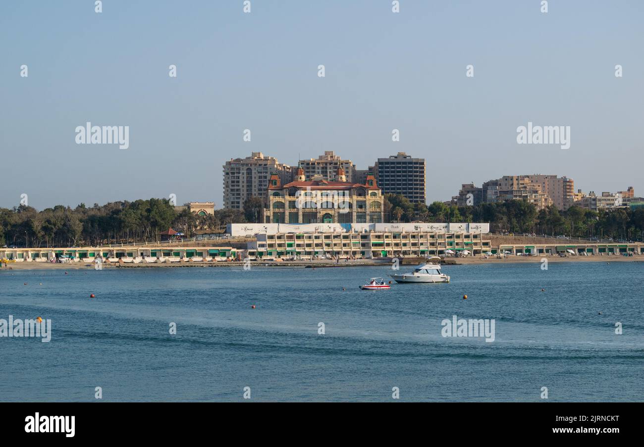 The Alexandria port in the background of the sea with boats and ships ...