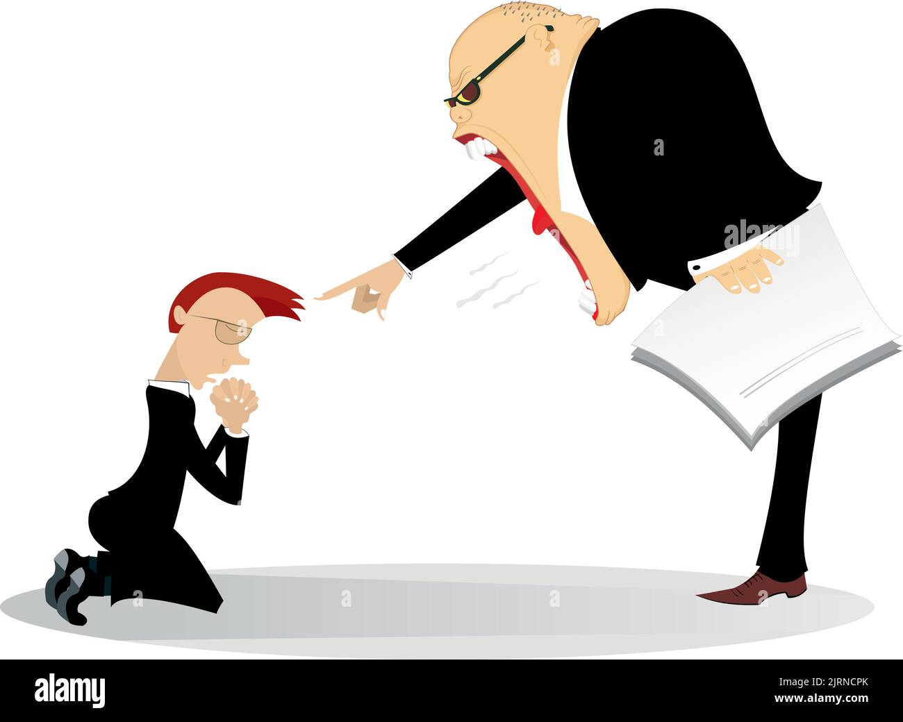 Angry boss scolds an employee illustration. Angry chief scolds kneeling ...