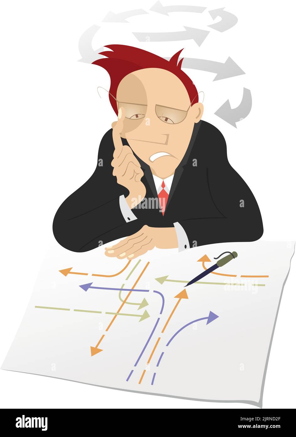 Thinking man. Busy man looks the paper with many pointers and thinks ...