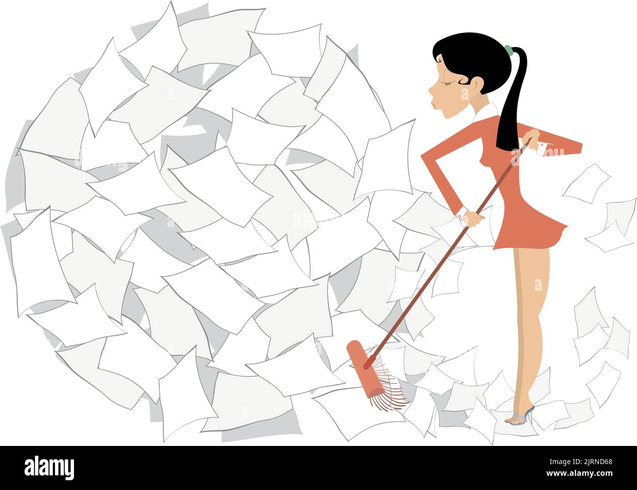 Young woman tidying up the office illustration. Young woman sweeps a ...