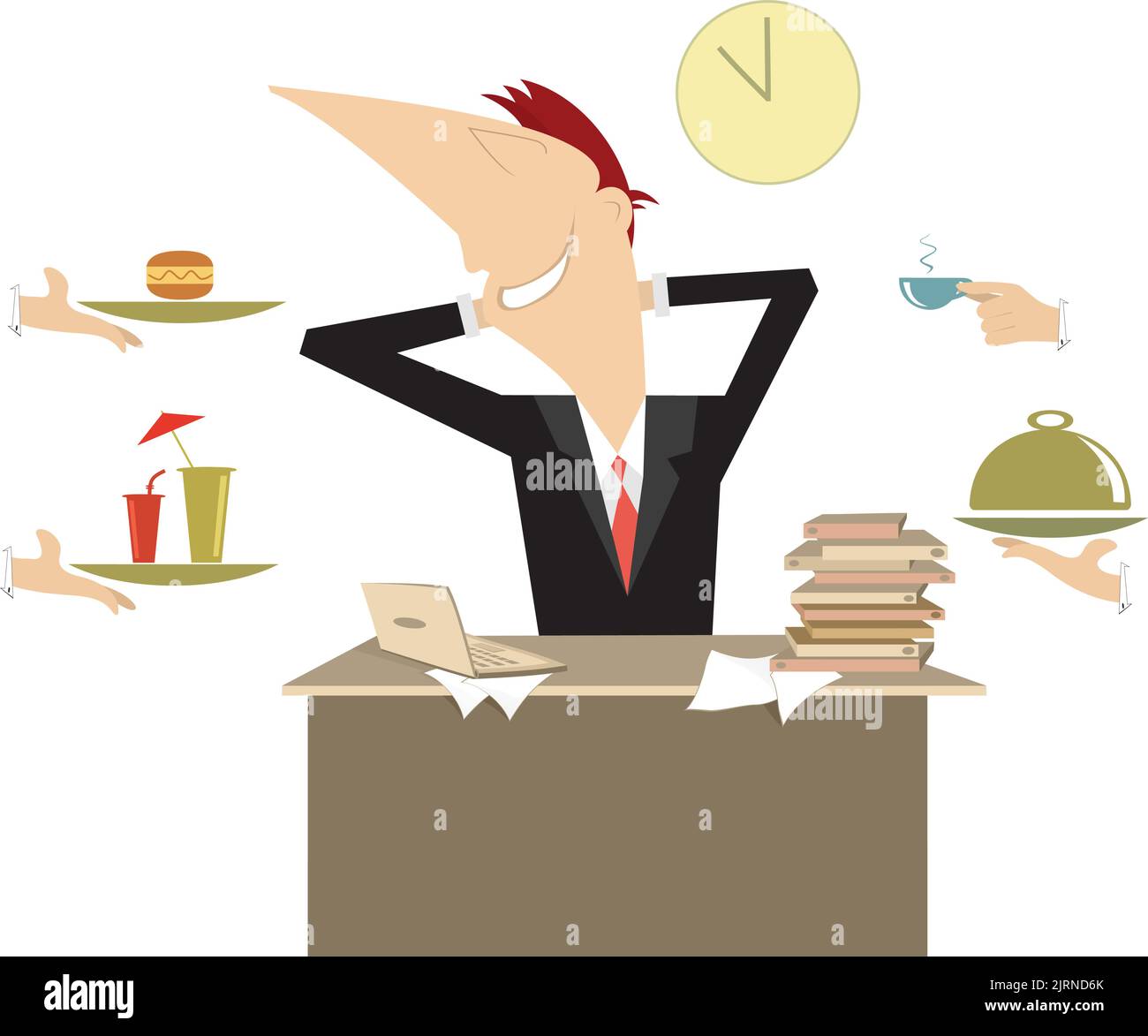 Business lunch. Many hands offer food and drinks to the resting young ...