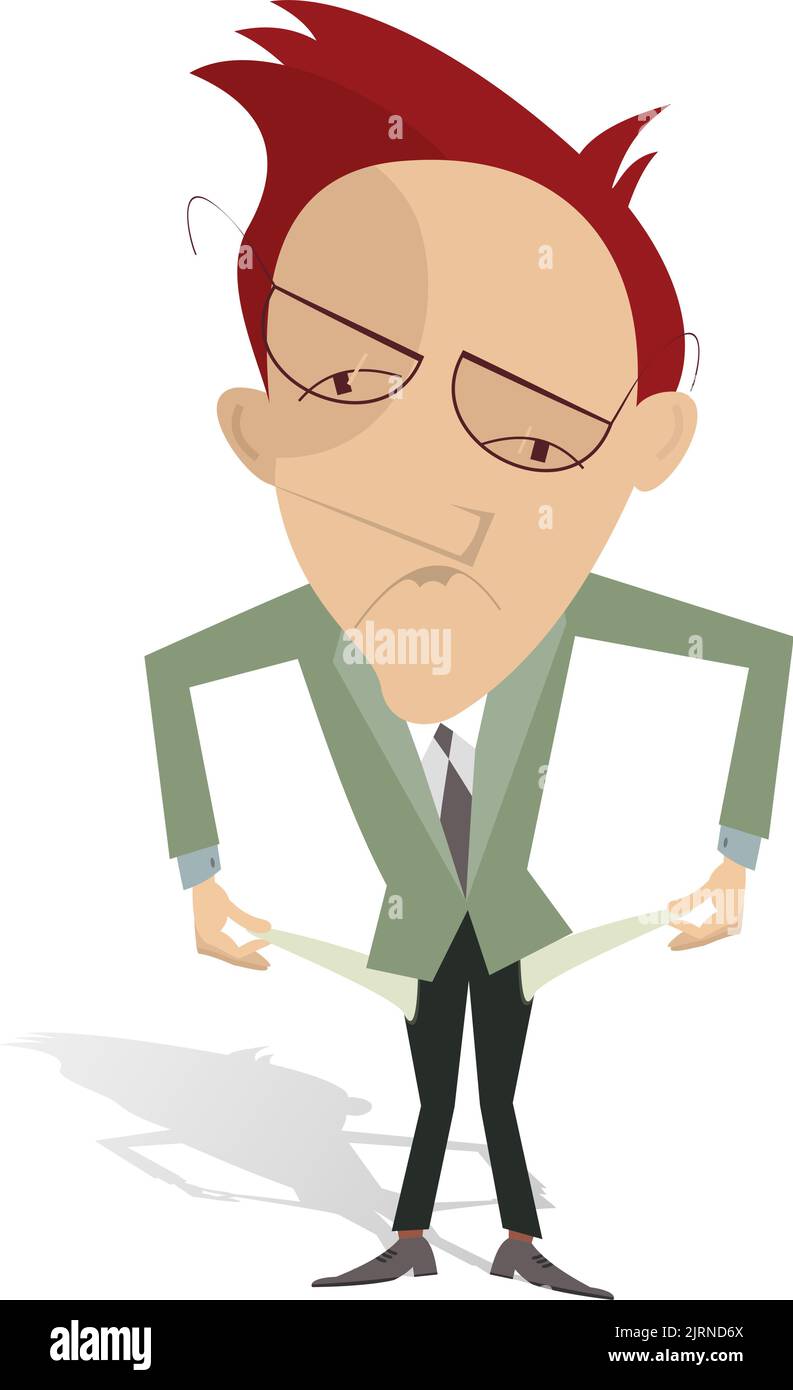 Upset man shows his empty pockets isolated. Cartoon upset man shows his ...