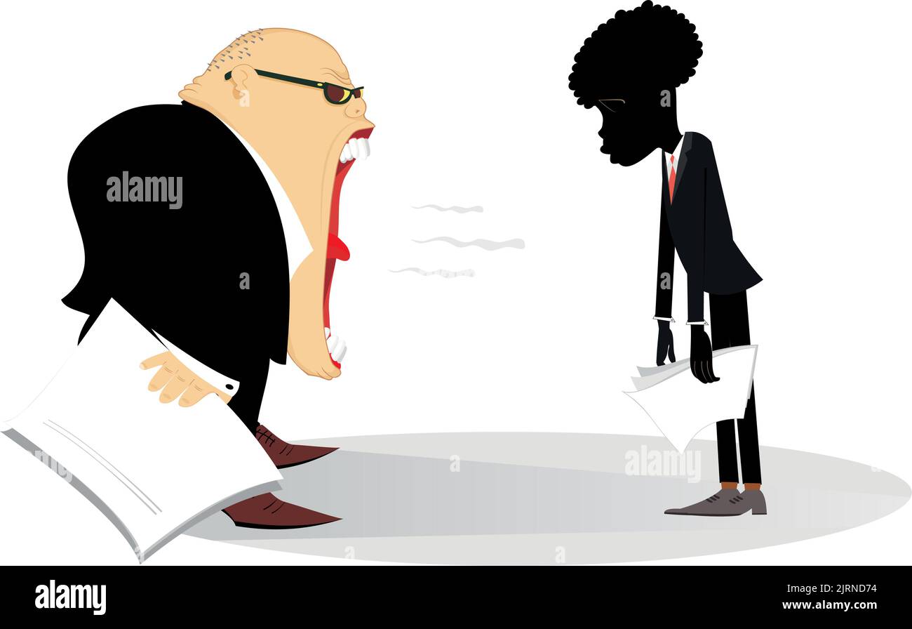 Boss scolds an African employee illustration. Angry Caucasian chief ...