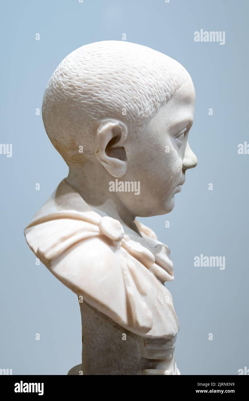 Bust of a boy in marble. Circa 225 AD. Item seen in the Royal Ontario ...