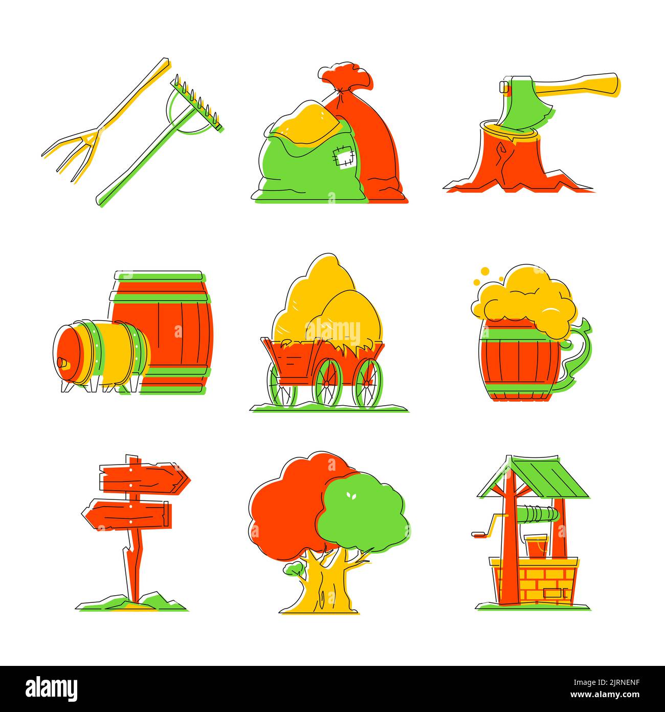 Village life and farming - line design style object set Stock Vector ...