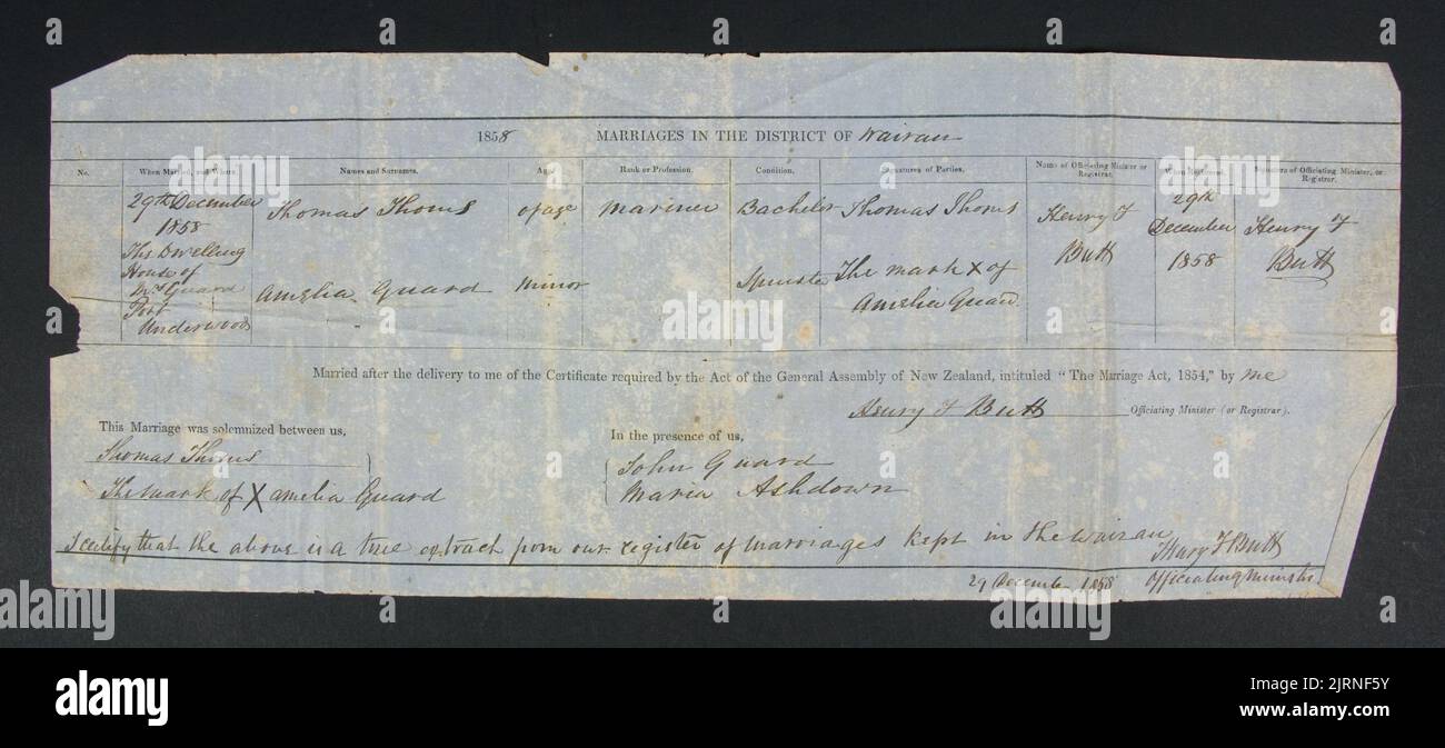 Marriage Certificate, 1858, Wairau, maker unknown. Gift of the H.A ...