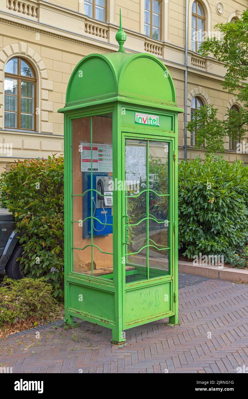 Szeged, Hungary - July 30, 2022: Historic Green Telephone Booth ...