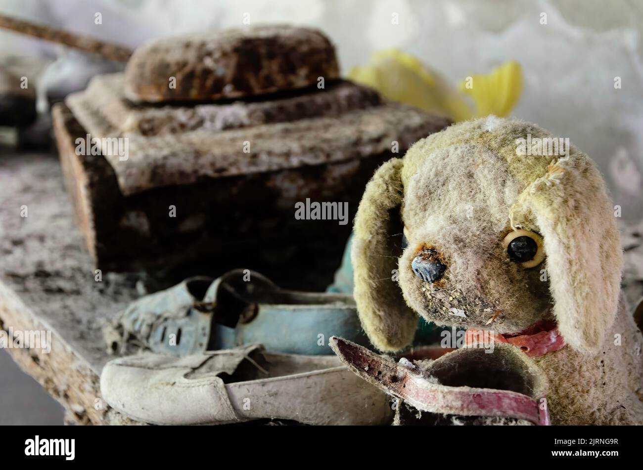 Cuddly toy and children shoes on a piece of furniture, in front of a ...