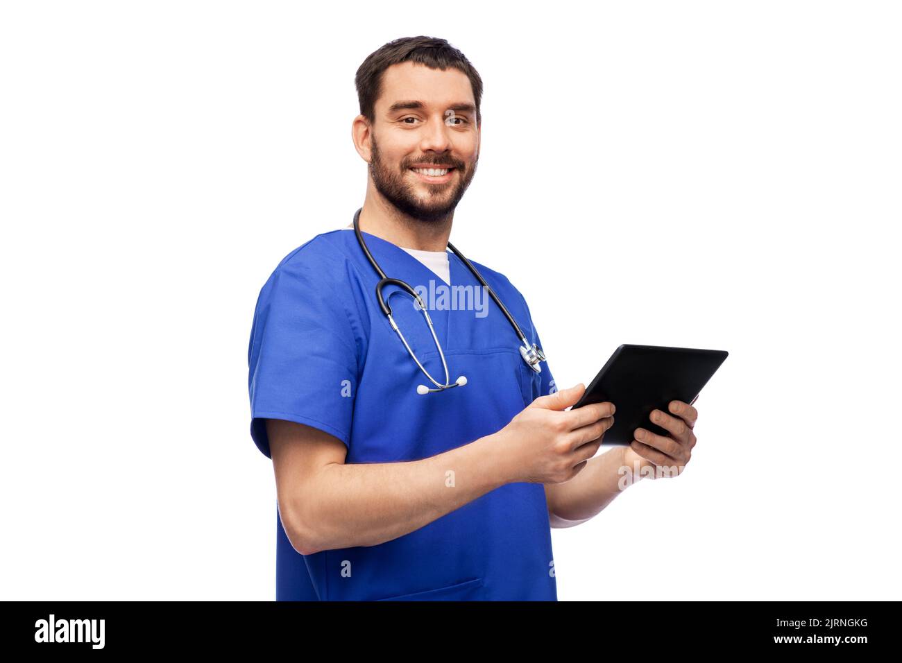 smiling doctor or male nurse using tablet computer Stock Photo - Alamy