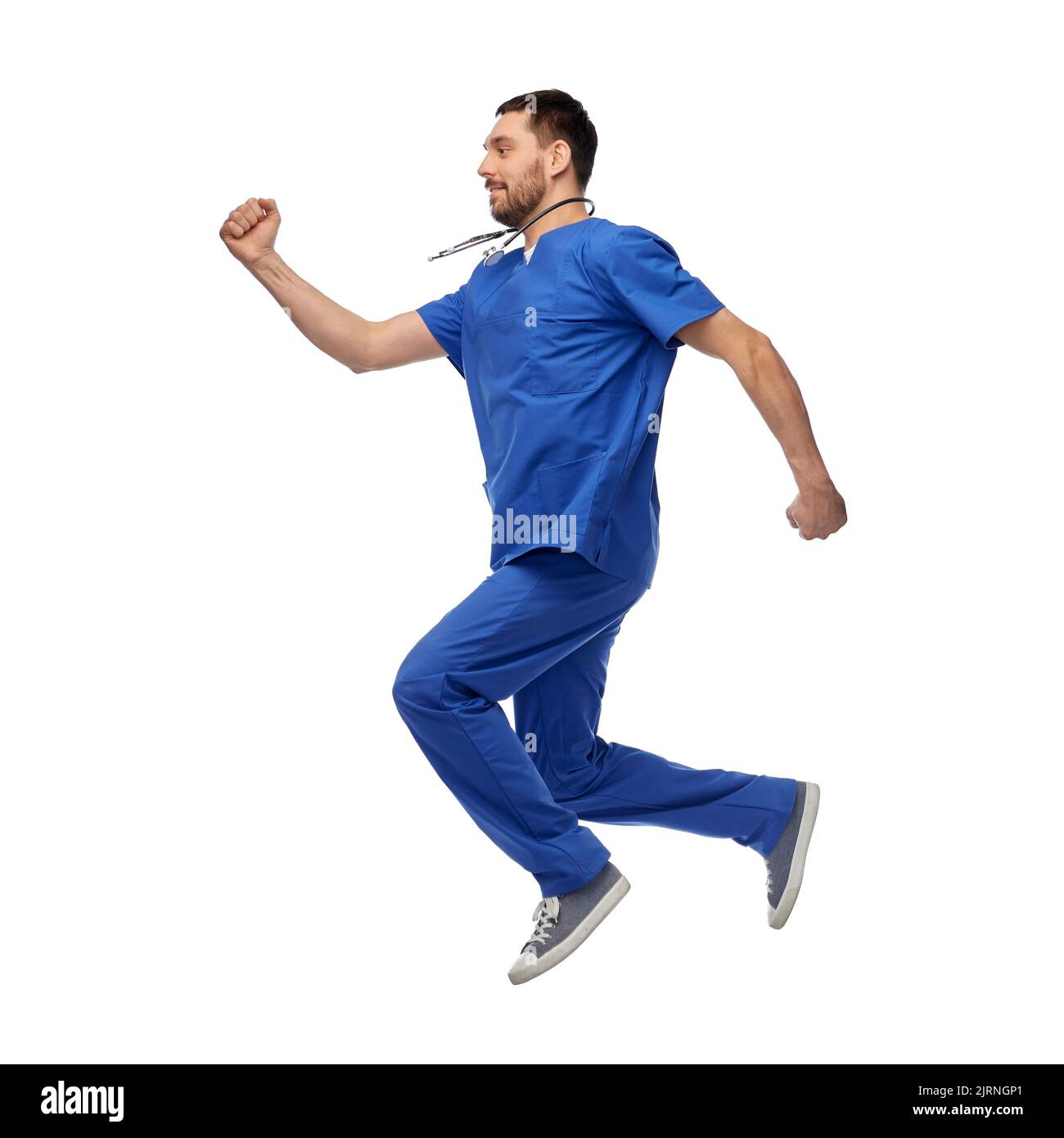 happy smiling doctor or male nurse jumping in air Stock Photo - Alamy
