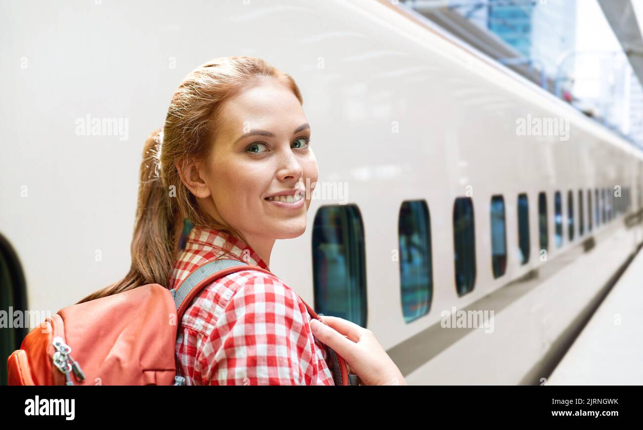 Traveler backpack by train hi-res stock photography and images - Alamy