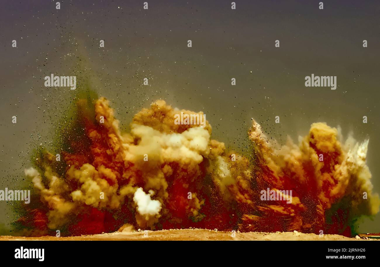 Rock particle and dust storm after denotator blasting on the ...