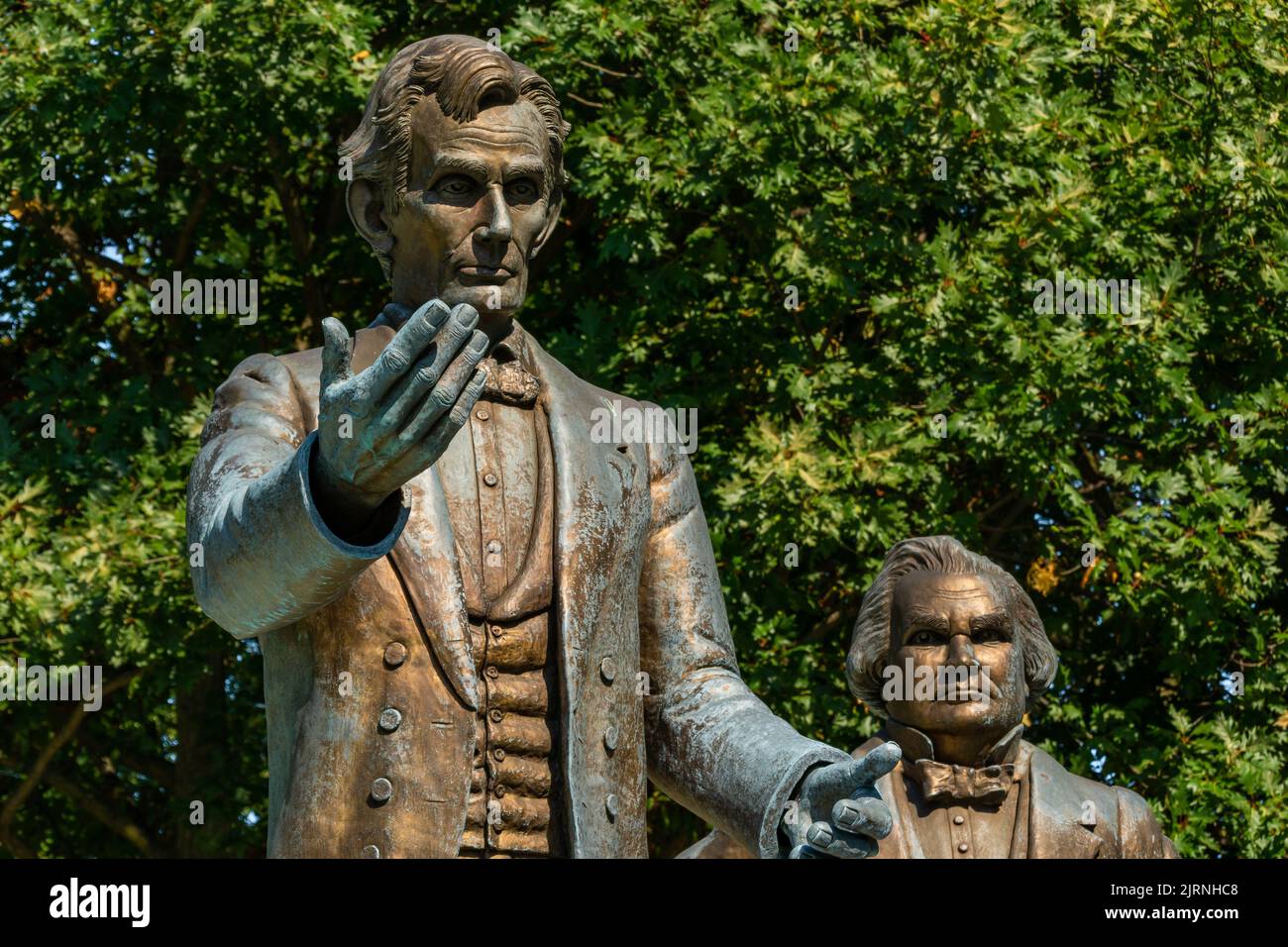 Ottawa, Illinois, USA - August 16th 2022 - Statue and water fountain on the site of the Abraham ...