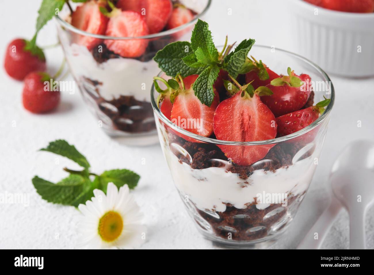 Trifles. Brownies, fresh strawberry and mascarpone cream servered in ...