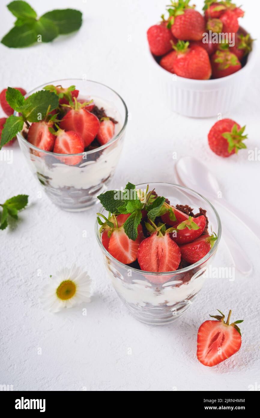 Trifles. Brownies, fresh strawberry and mascarpone cream servered in ...