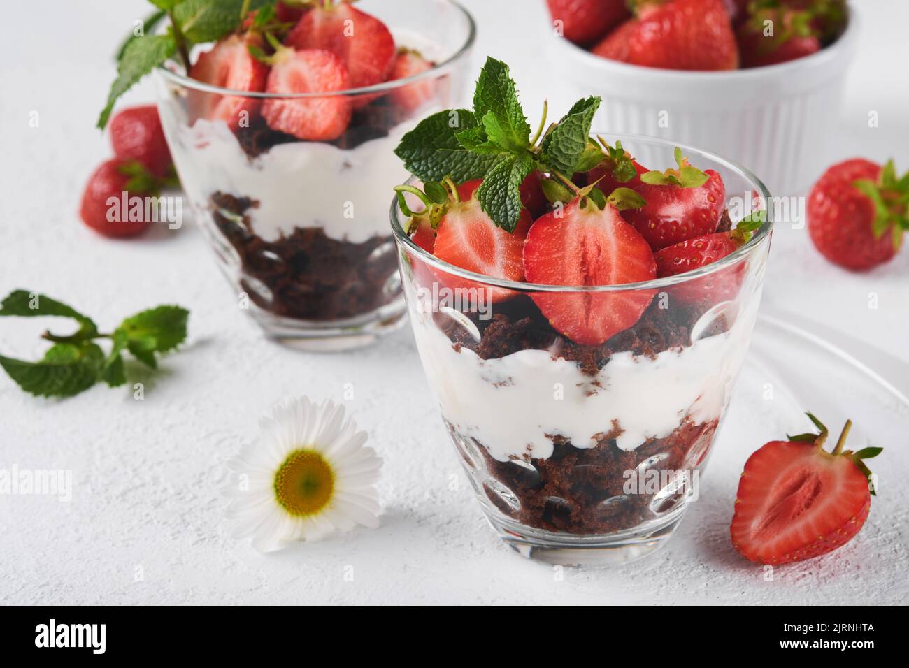 Trifles. Brownies, fresh strawberry and mascarpone cream servered in ...