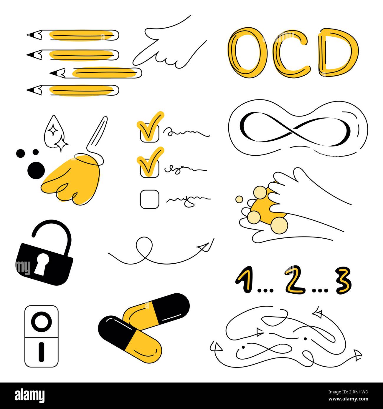 OCD set elements of symptoms, fear and intrusive thoughts. Vector ...