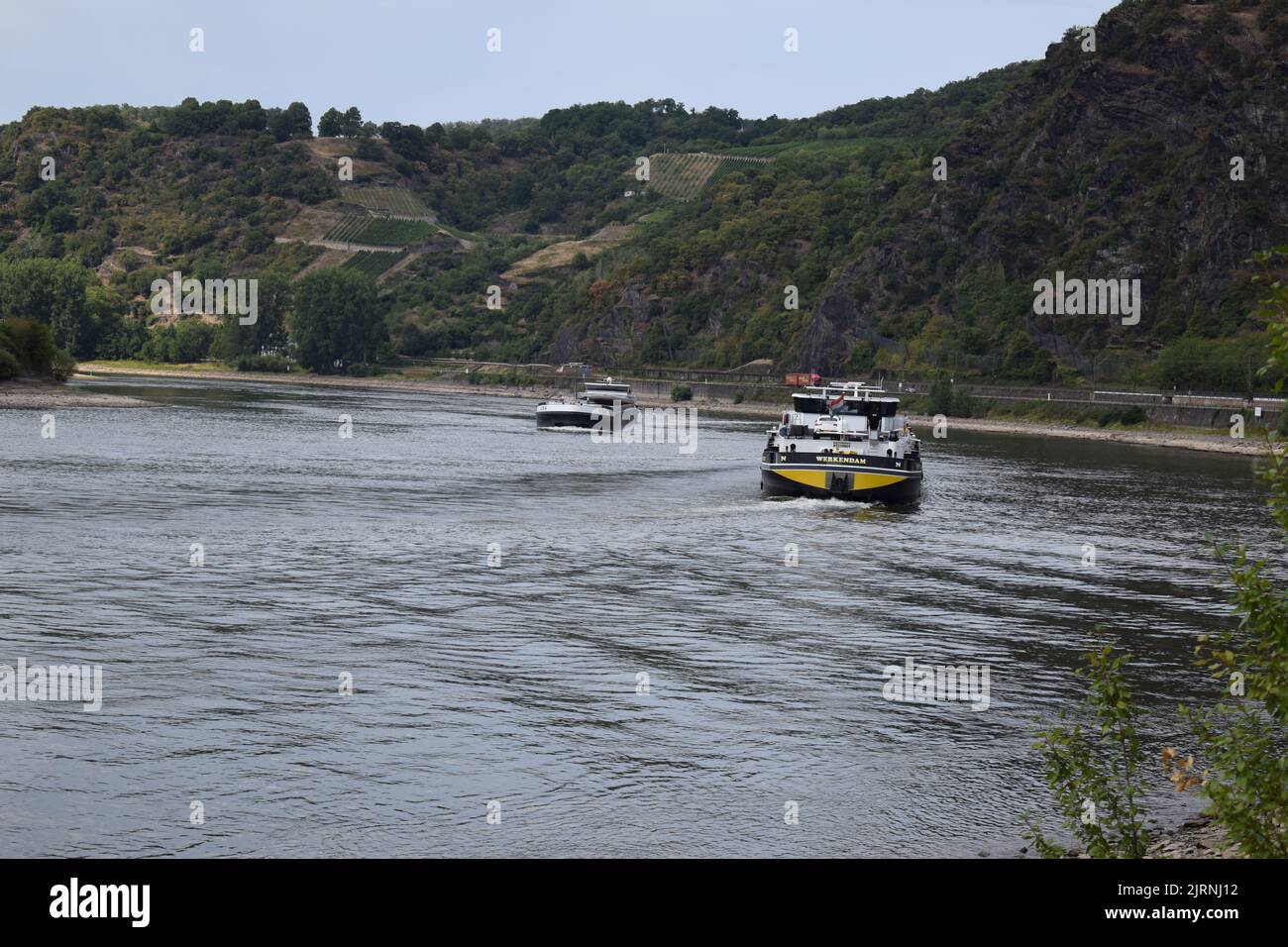 two cargo ships passing in Lorelei passage, both direction Stock Photo ...
