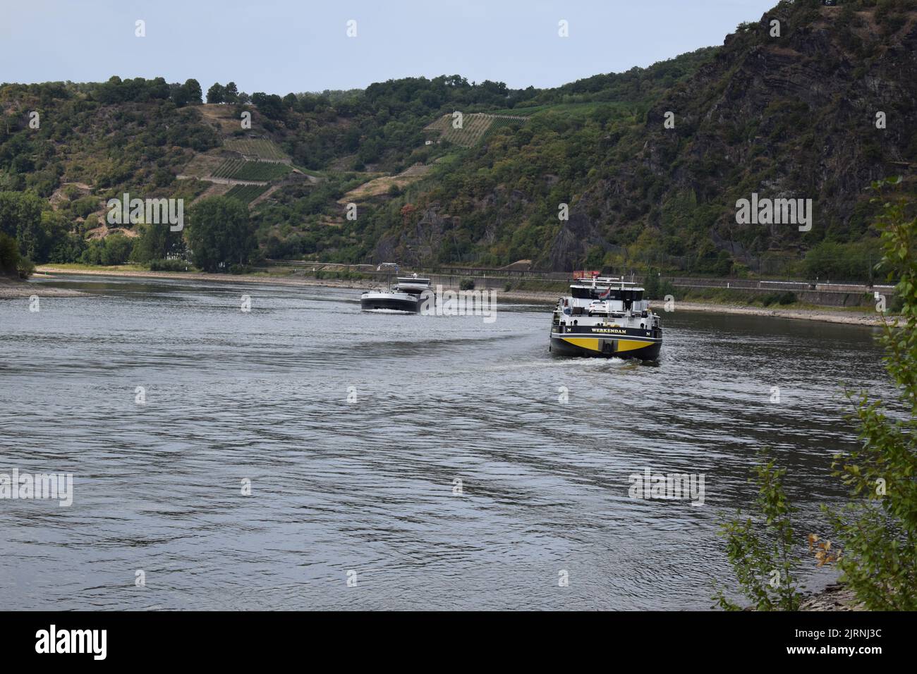 two cargo ships passing in Lorelei passage, both direction Stock Photo ...