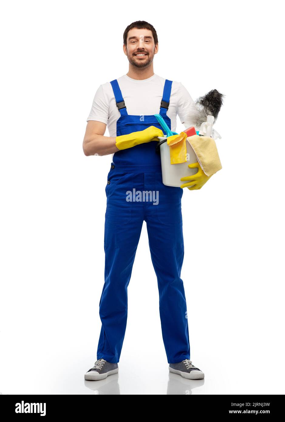 male cleaner in overal with cleaning supplies Stock Photo - Alamy