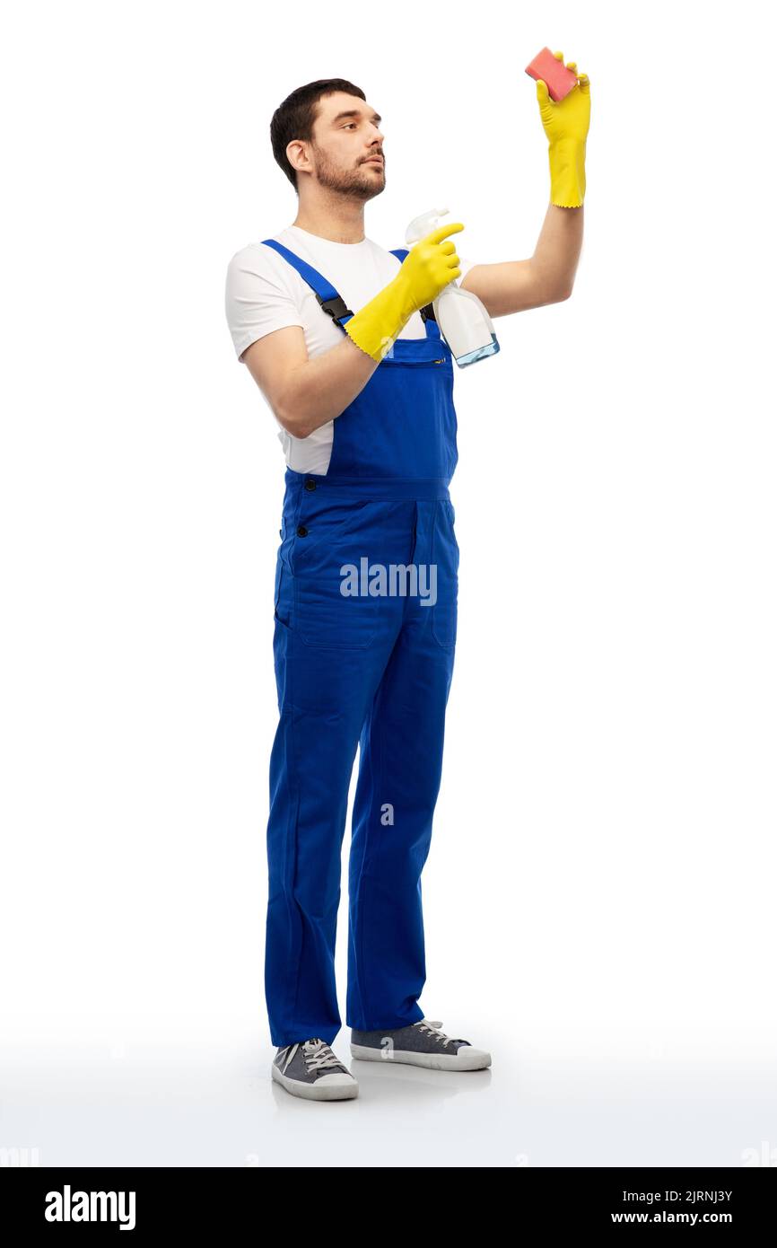 male cleaner cleaning with sponge and detergent Stock Photo - Alamy