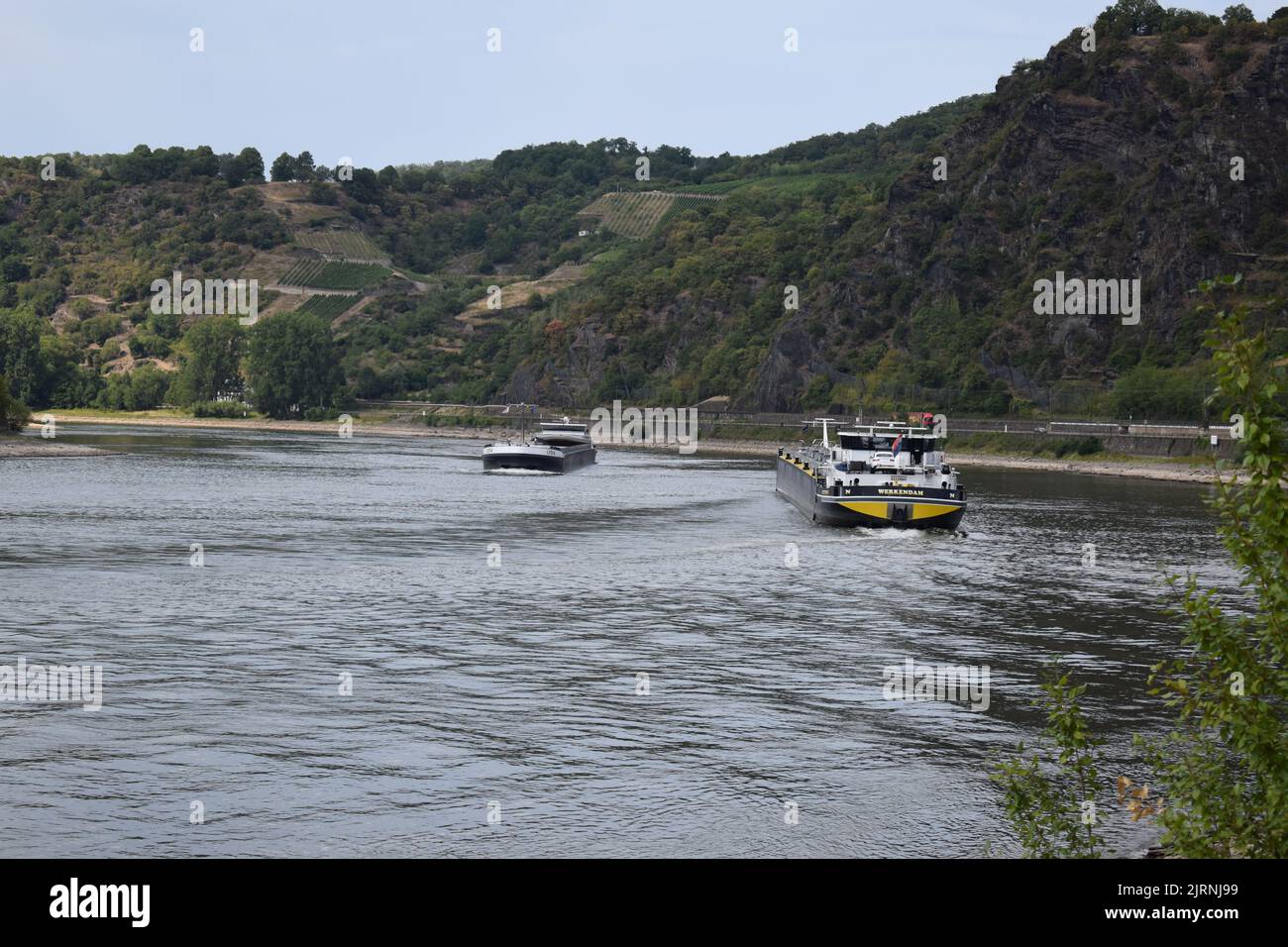 two cargo ships passing in Lorelei passage, both direction Stock Photo ...