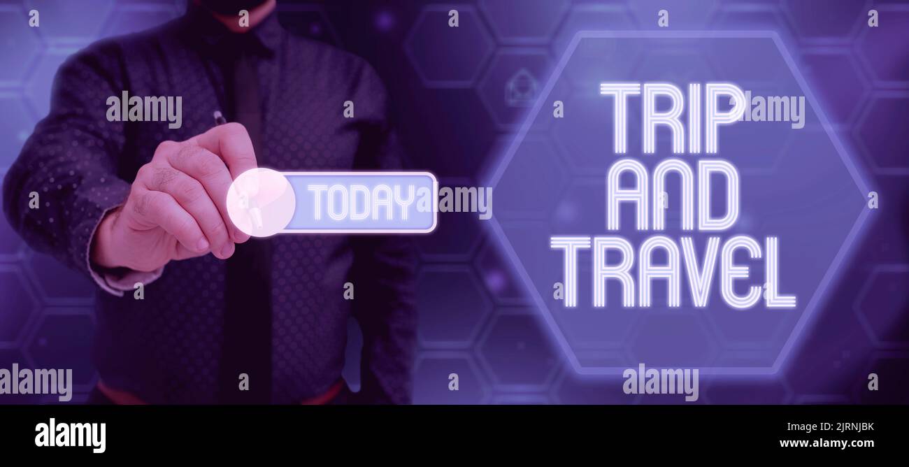 Hand writing sign Trip And Travel. Word Written on Journeys for ...