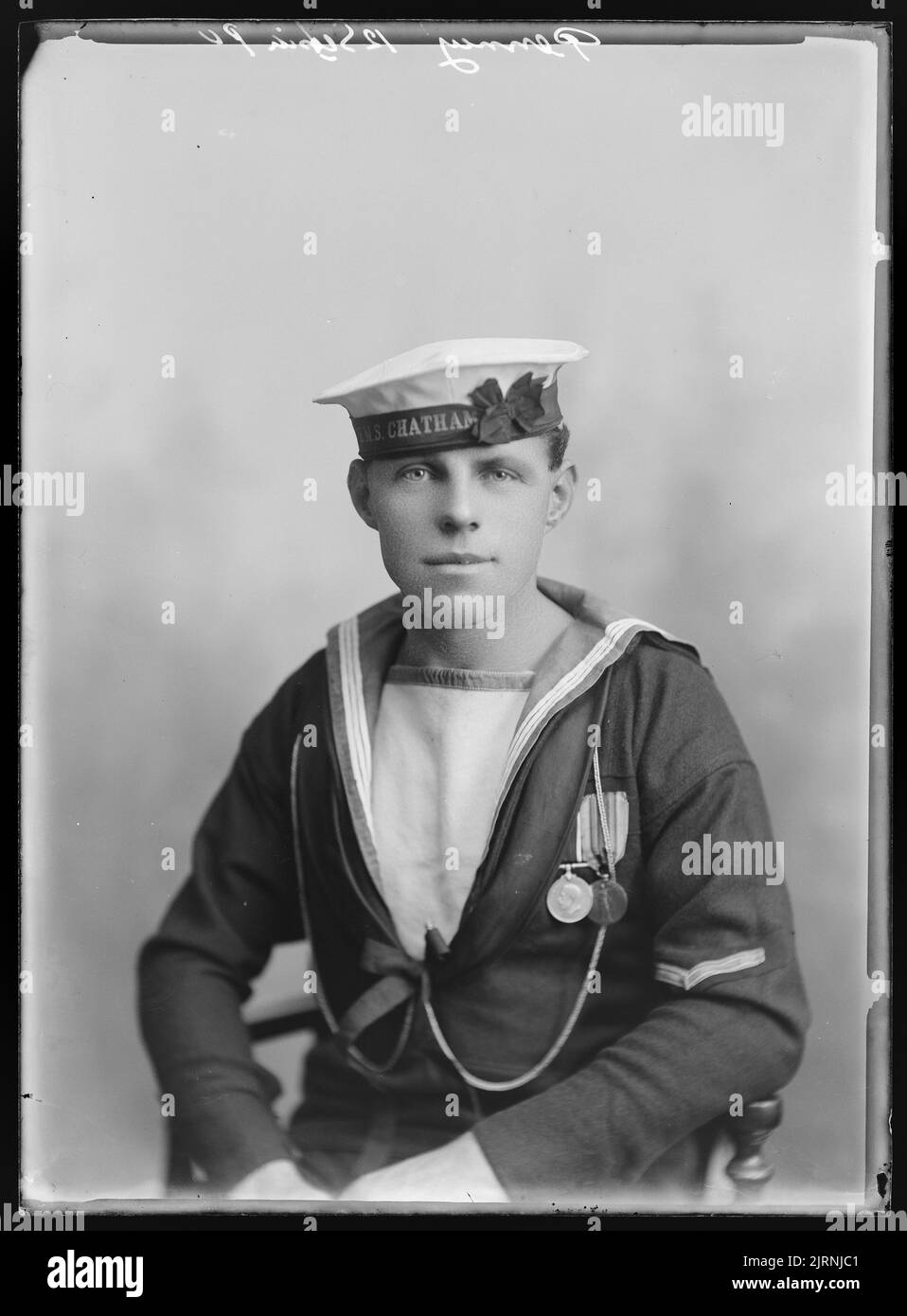 Man in H.M.S. Chatham uniform, inscribed Penney 12 Sepia PC, circa 1915 ...