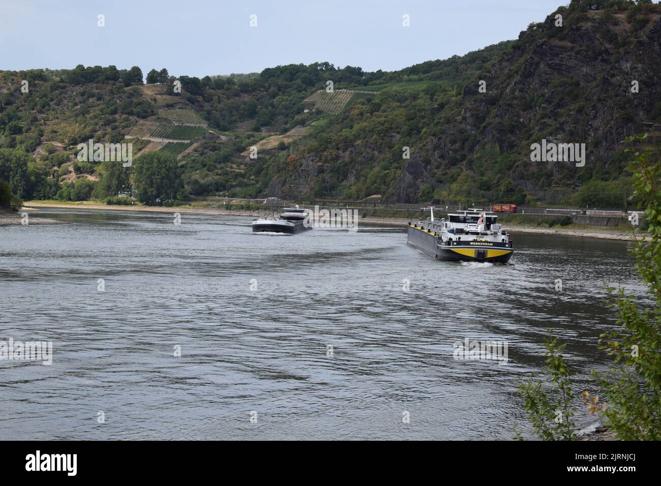 two cargo ships passing in Lorelei passage, both direction Stock Photo ...