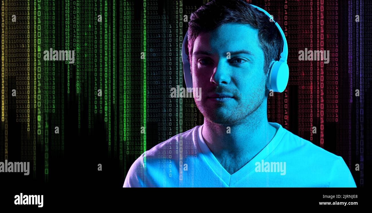 man in headphones over neon lights and binary code Stock Photo - Alamy